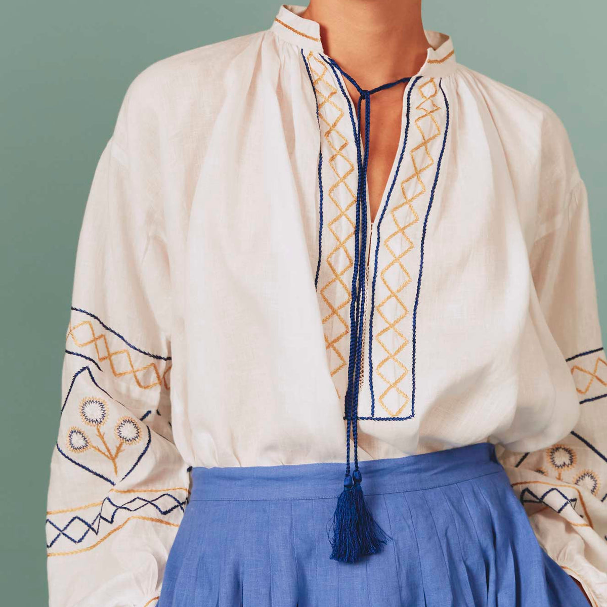 Guise Blouse with Archaic Embroidery in White by Thierry Colson