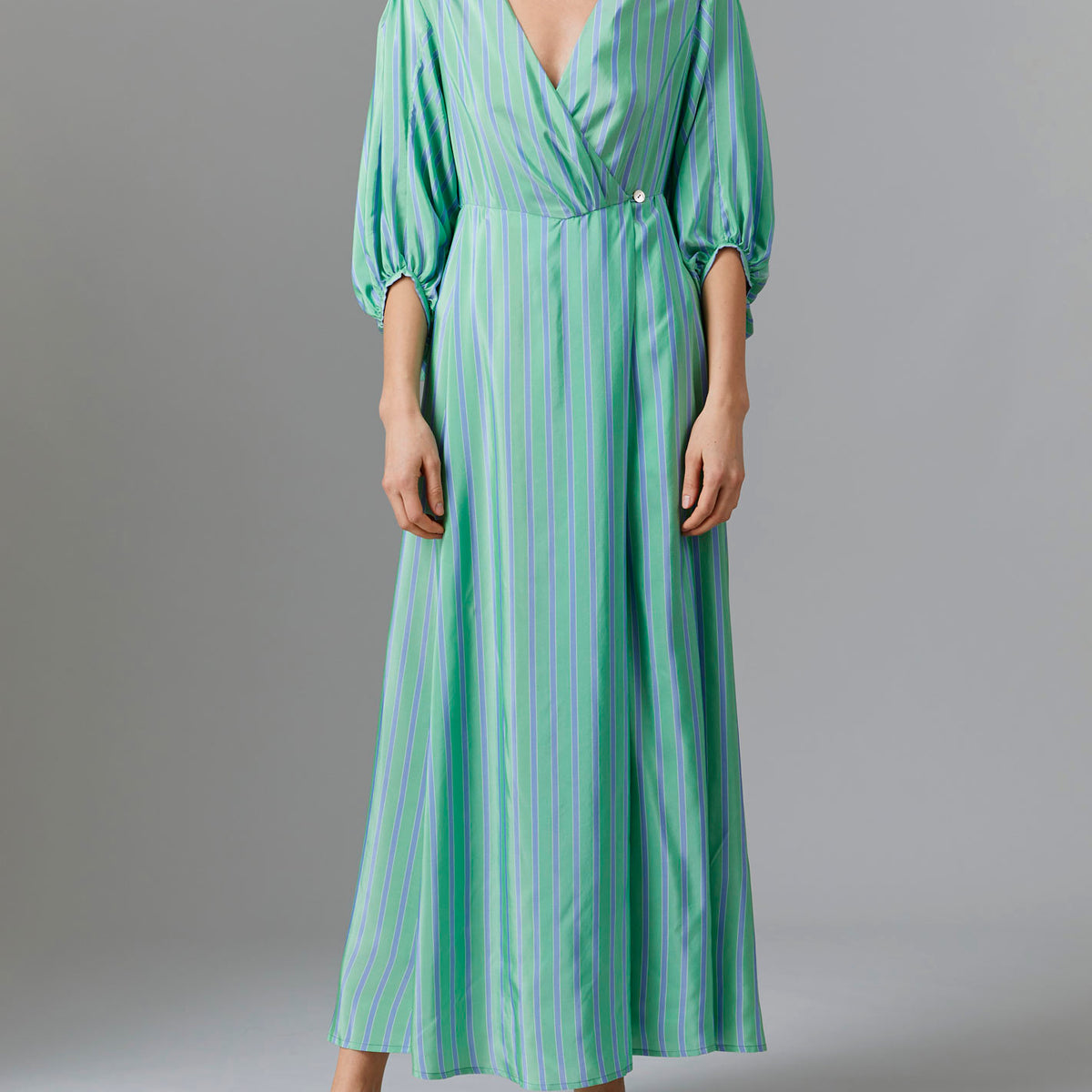 Phoebe Long Dress - Silk Road Stripes - Green/Blue | Thierry Colson