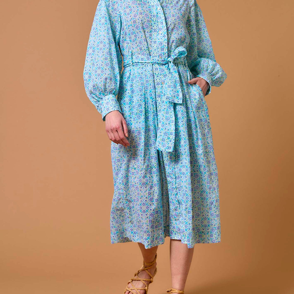 Yvonne Mughal Blockprint Multico Blue knee dress by Thierry Colson