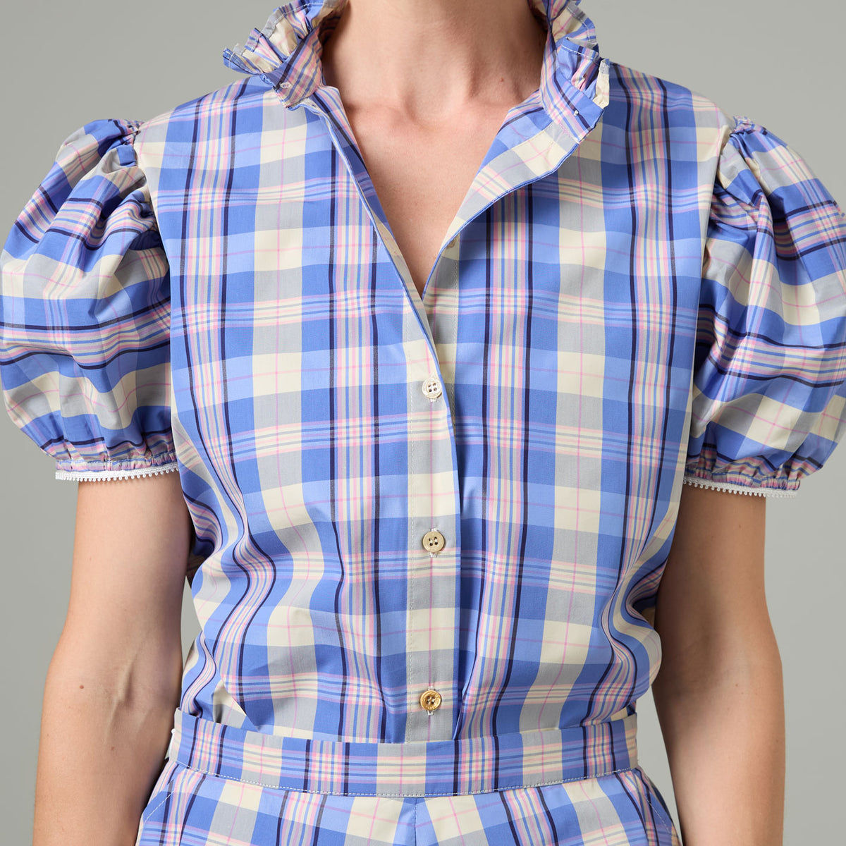 Vike Blouse - Victorian Check - Blue and Grey – Thierry Colson
