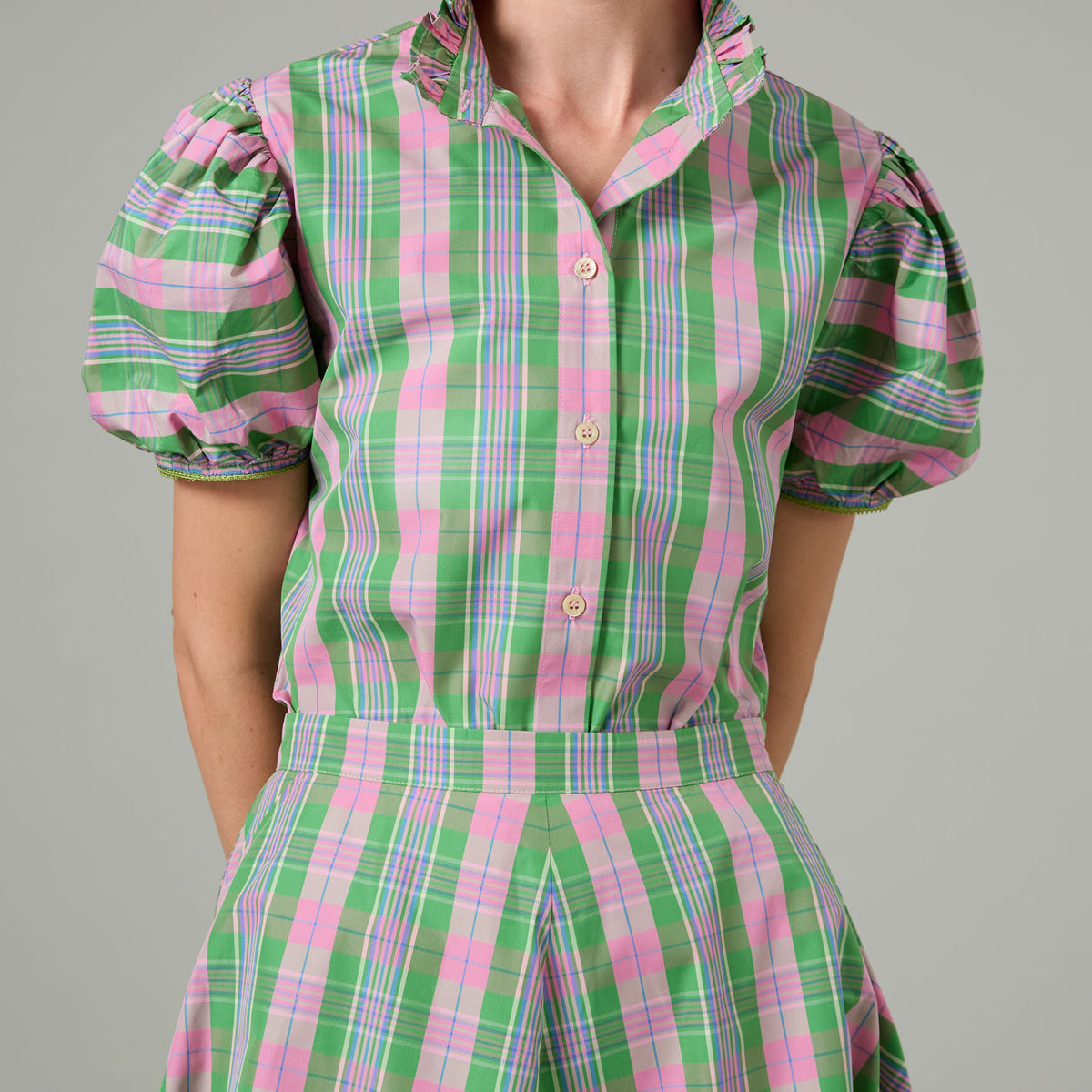 Vike Blouse - Victorian Check - Green and Pink – Thierry Colson