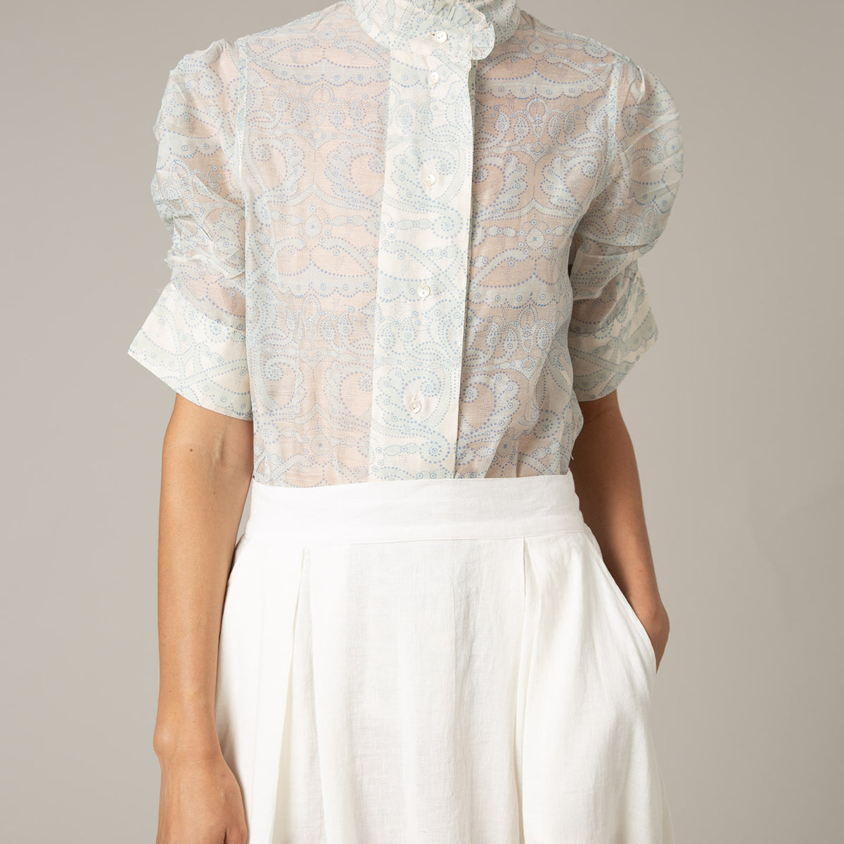 Vita Blouse - Elizabethan Block print Chanderi - Mint – Thierry Colson