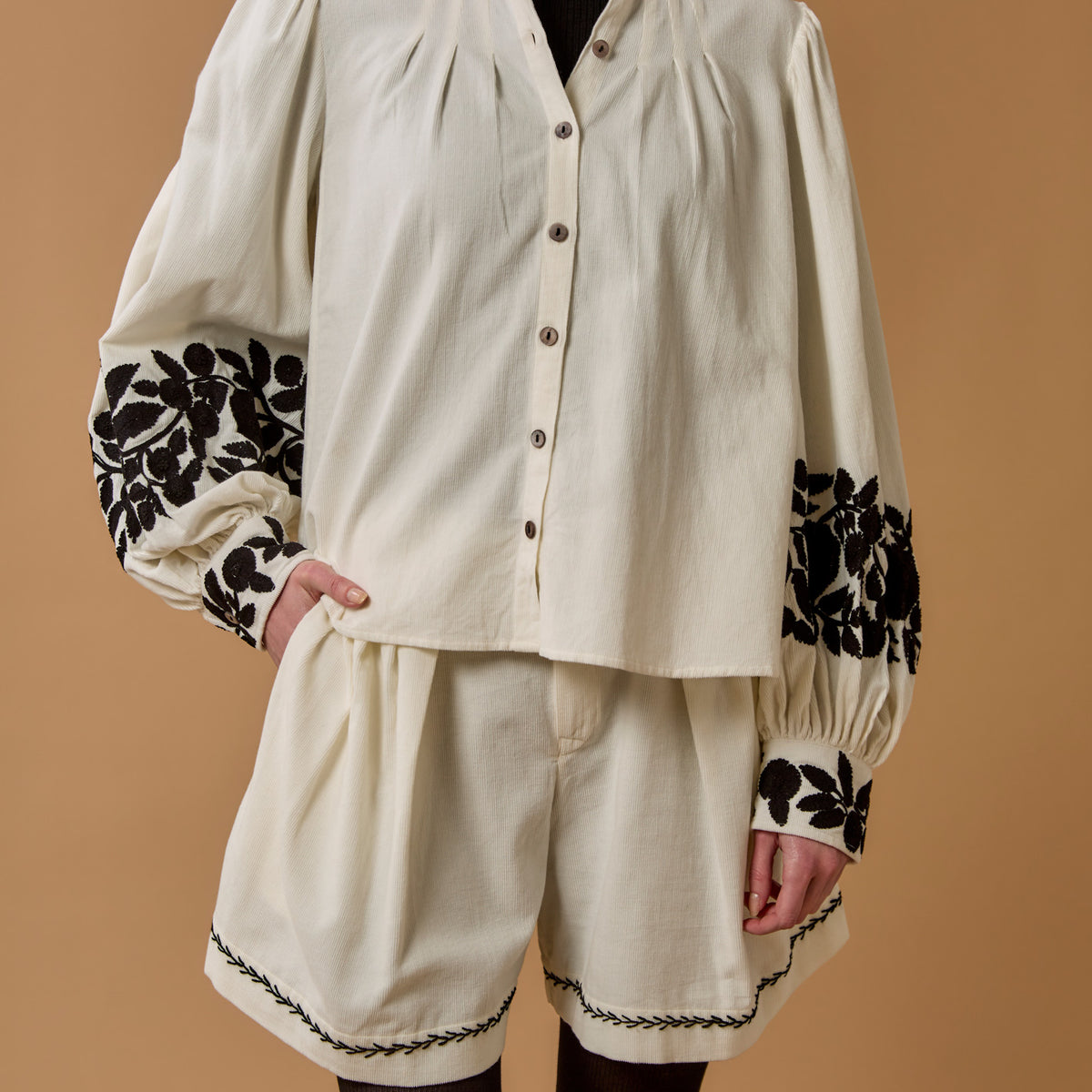 Yana Corduroy Cream/Black Blouse by Thierry Colson